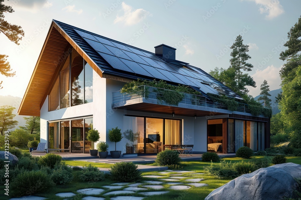 New suburban house with a photovoltaic system on the roof. Modern eco ...