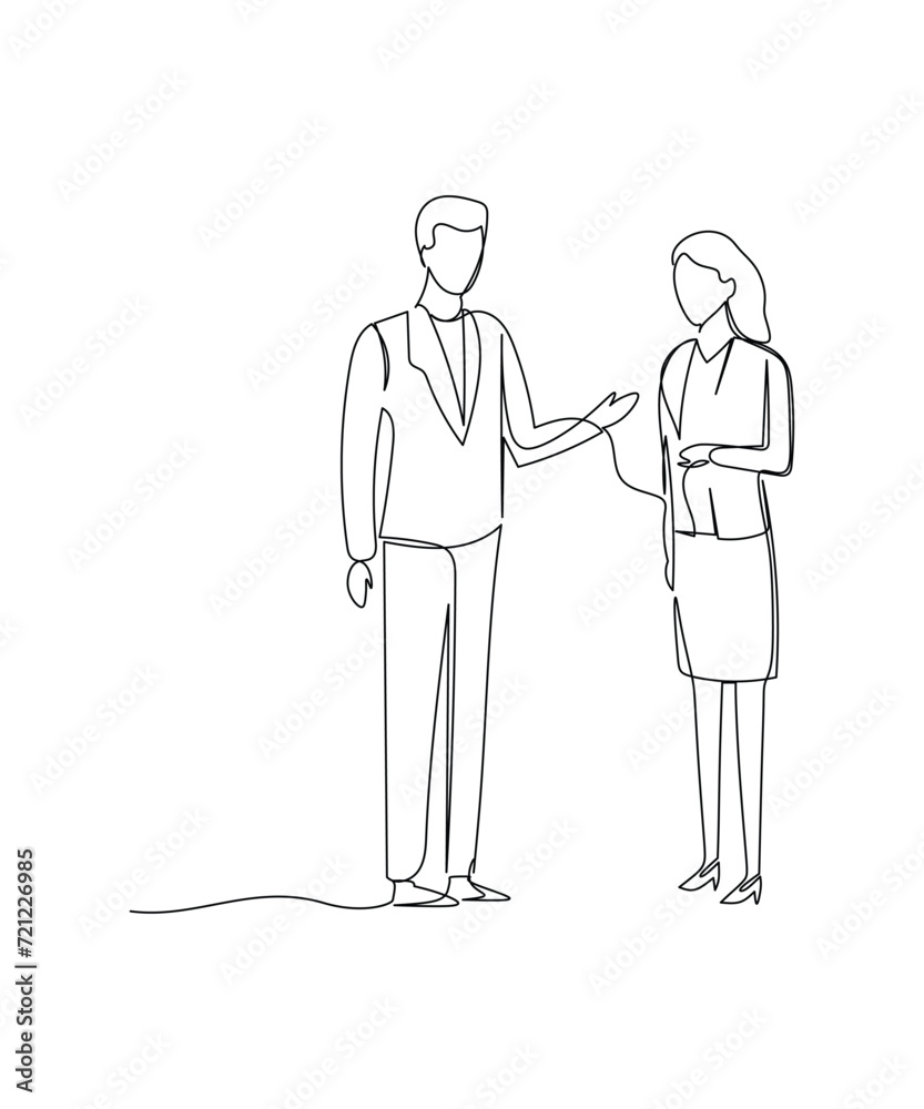 Single continuous line drawing of two young male and female worker ...