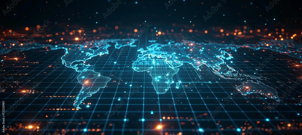 World map with glow effect and connect grid. Technology global network ...