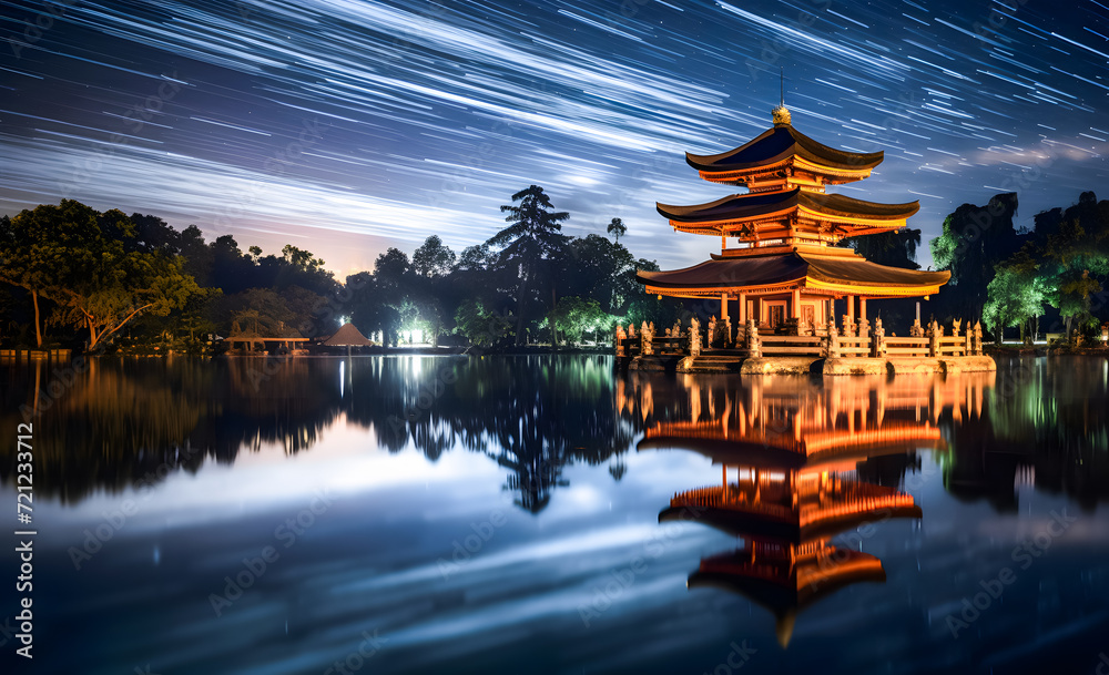 Pura temple at night with starry sky and reflection in water, Nyepi at ...