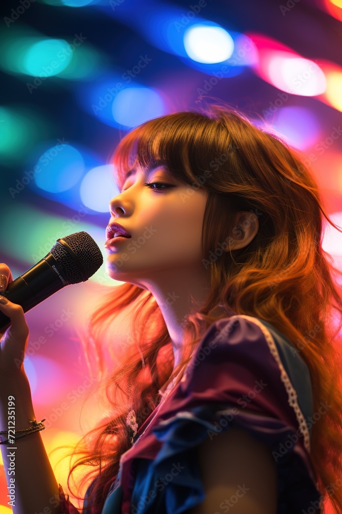 vertical image young charming Asian k-pop idol girl on stage singing ...