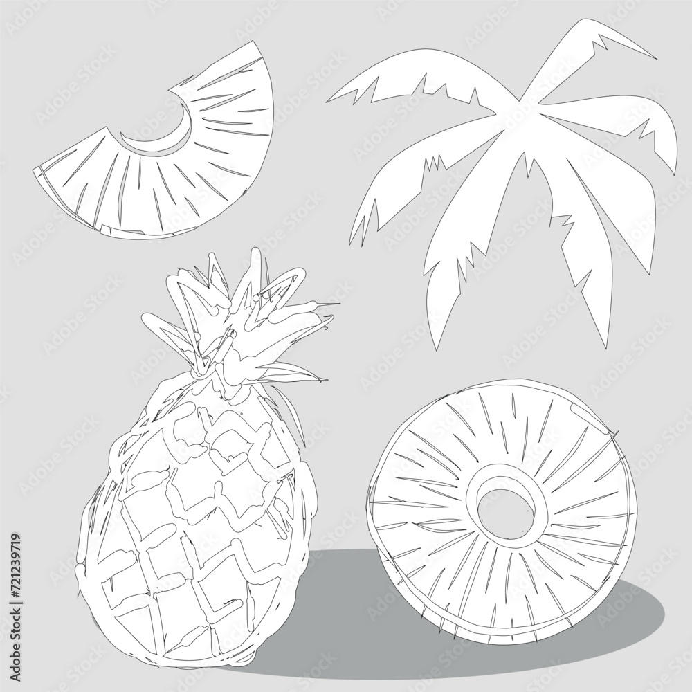 Vector drawing with pieces of summer. Pineapples in a tropical still ...