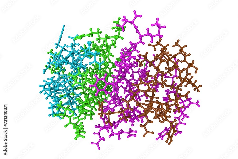 T6 human insulin. Molecular model on white background. Rendering with ...