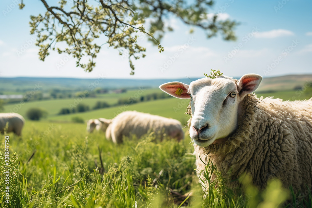 smiling woman man with A bucolic landscape depicting sheep peacefully ...