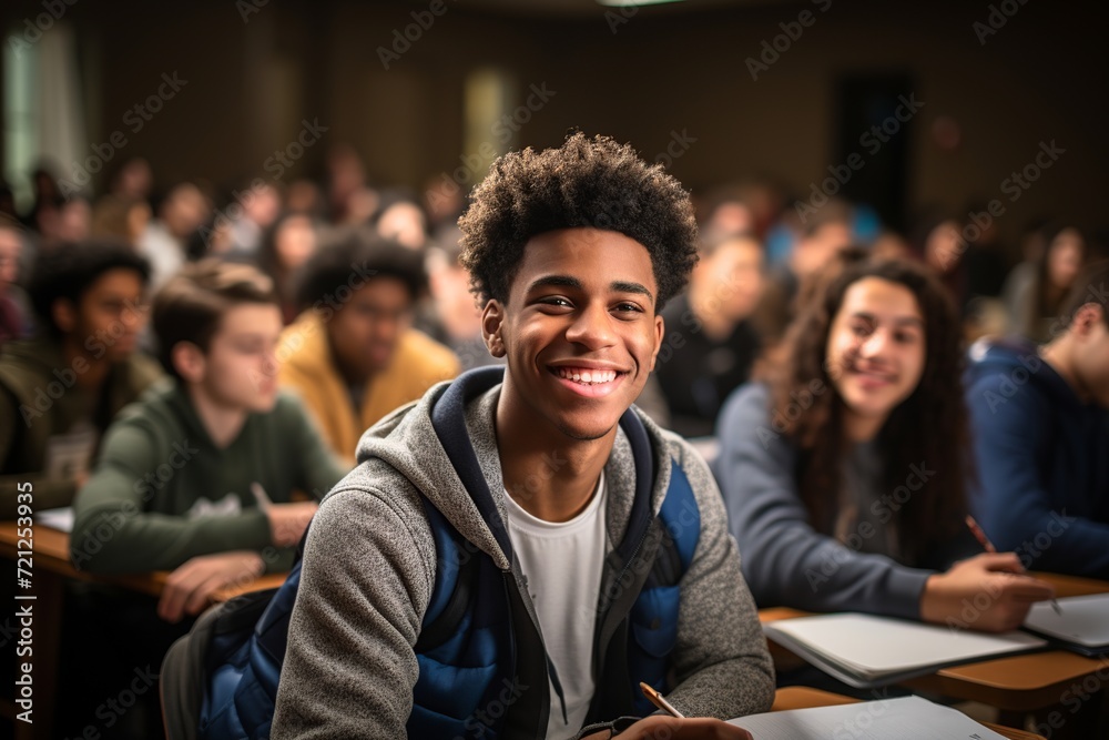 In this vibrant image, a confident black university student is captured ...