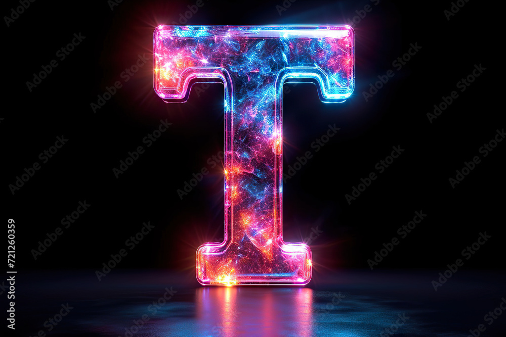 Letter T - colorful glowing outline alphabet symbol on blue lens flare ...