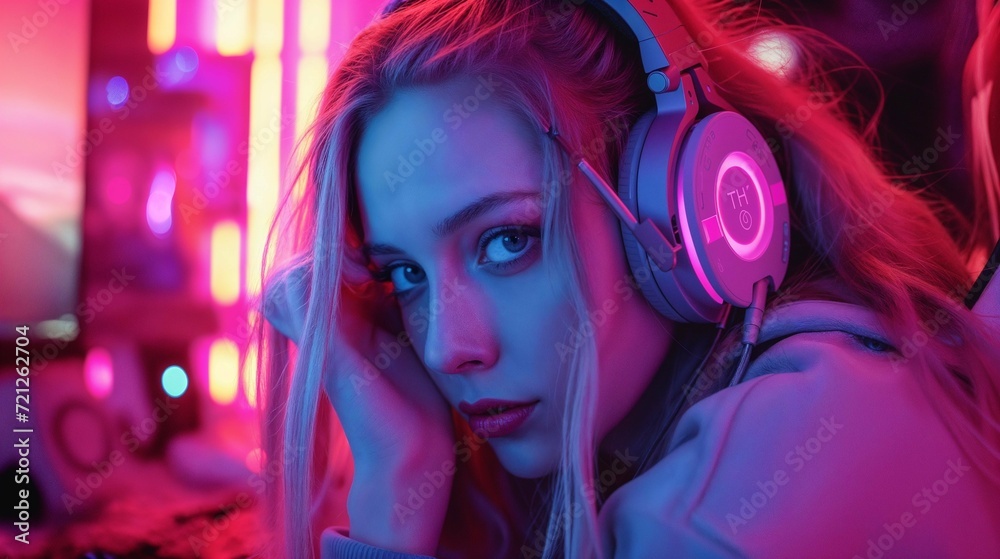 Gamer Girl Streaming on Twitch With Headphones in Gaming Room Stock ...