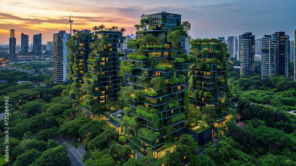 High-rise towers adorned with lush greenery, embodying sustainable ...