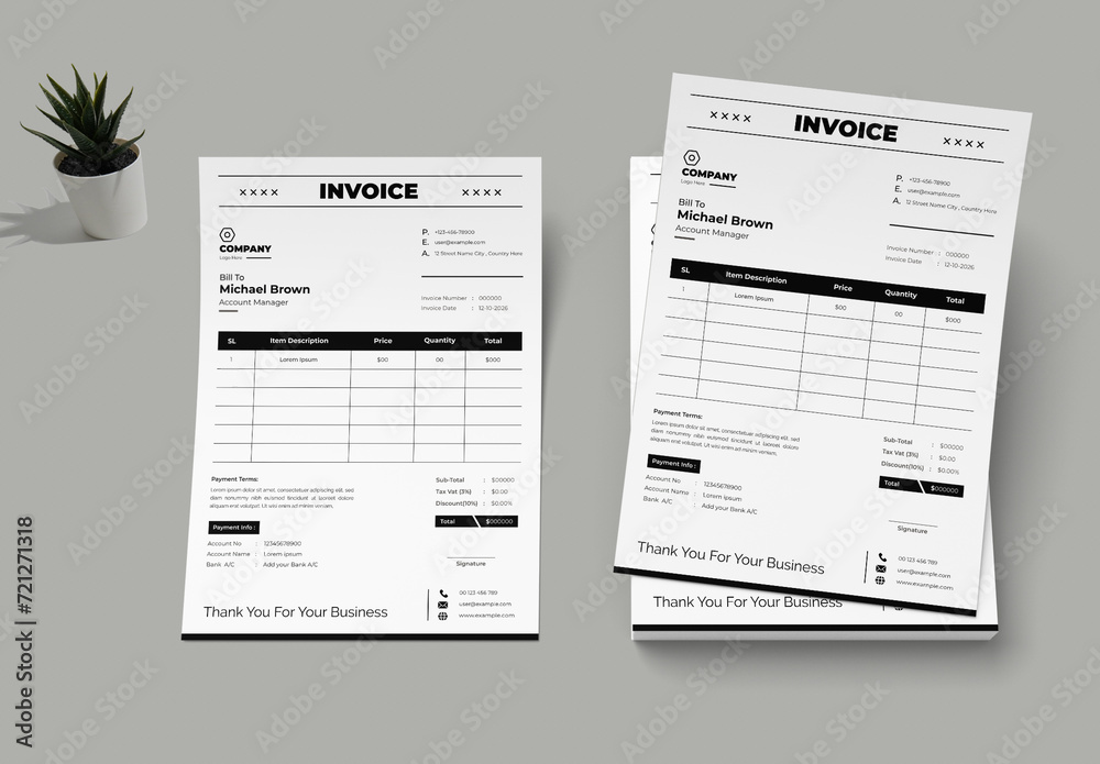 Black And White Invoice Template Layout Stock Template | Adobe Stock