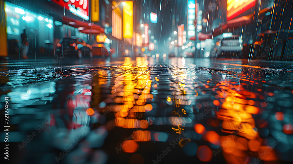 Wet asphalt, which reflects bright advertising signs, creates a ...