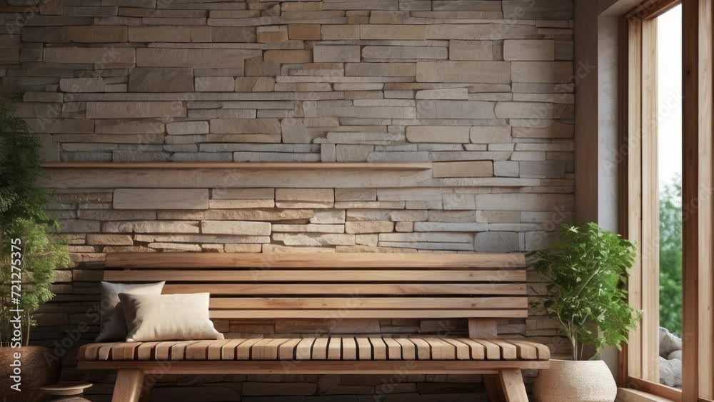 Vidéo Stock Wooden rustic bench near the wild stone cladding wall ...