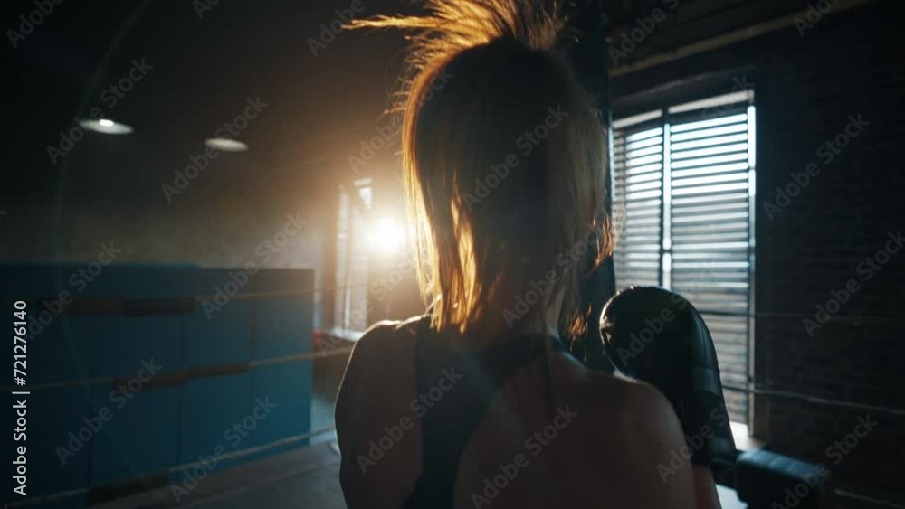 Woman boxer practicing punches using bag in gym on boxing ring, back ...