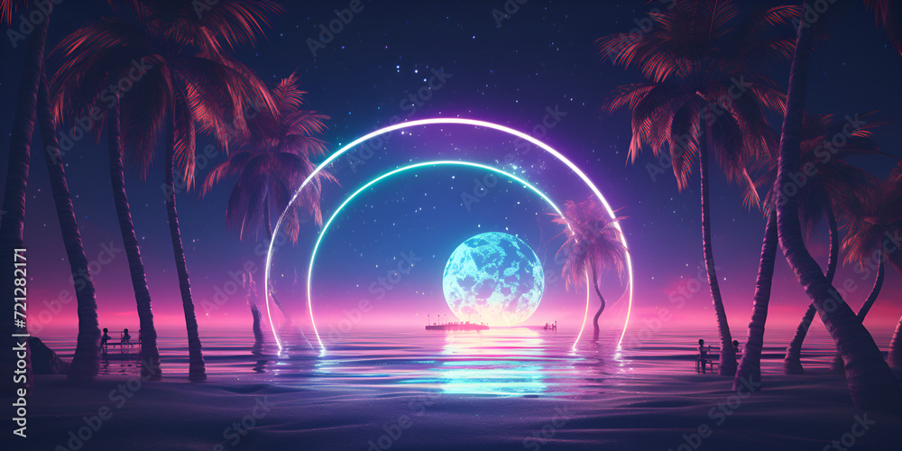 Neon light abstract background. Neon glowing lights stage with 80s ...