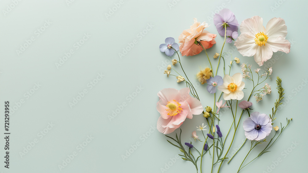 Creative layout made of various flowers. Flat lay delicate colors ...
