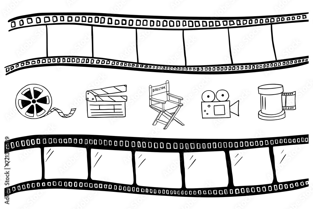 Set of film strips, cinema flapper, director's chair, camera in doodle ...
