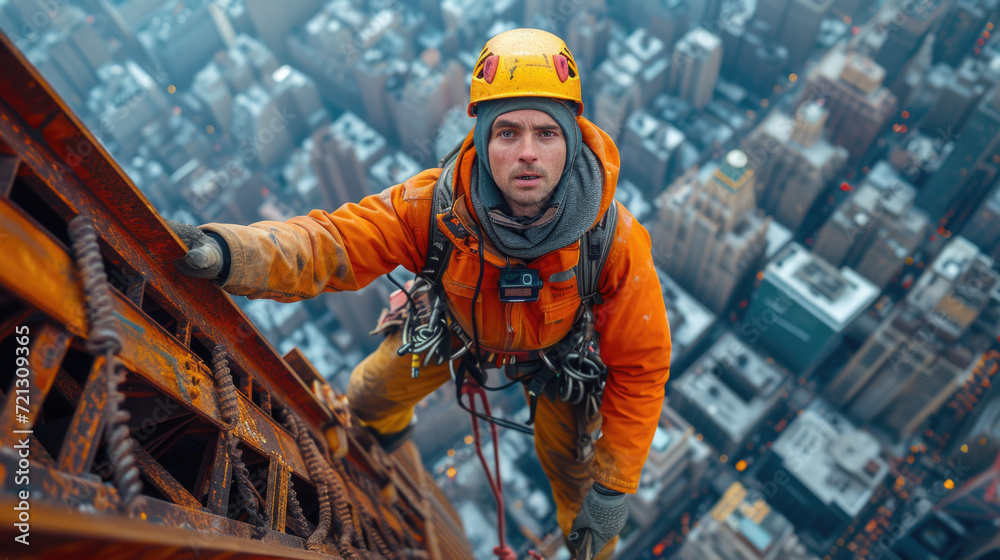 Perched atop a skyscraper's steel skeleton, an engineer examines the ...