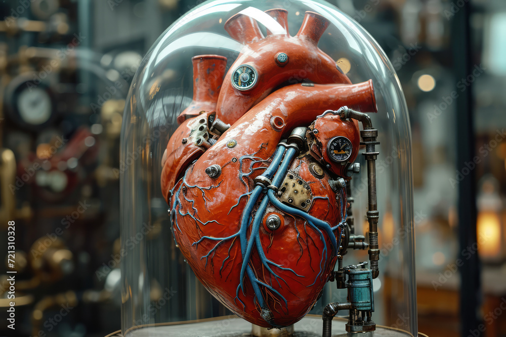 photo realistic portrait of a red life size human heart with blue veins ...