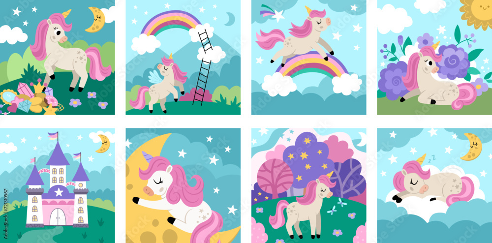Vector unicorn scenes set. Square backgrounds collection with little ...