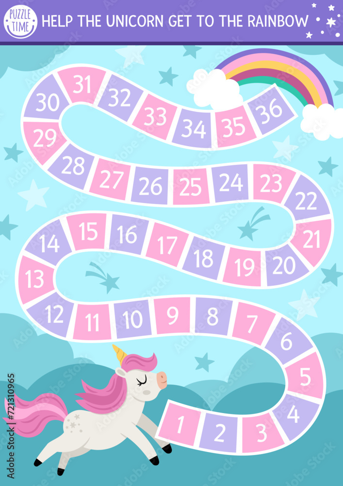 Unicorn simple dice board game for children with cute rainbow and ...