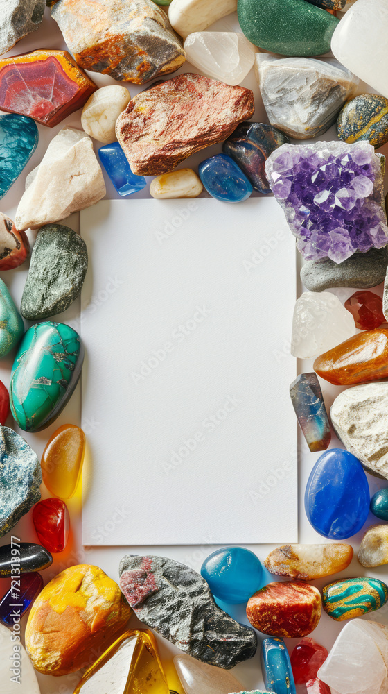 Rough and polished gemstones and crystals collection frame background ...