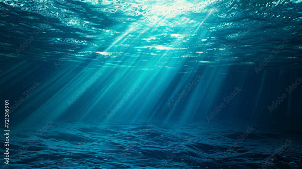 Deep blue ocean seen from underwater. Submerged perspective of the sea ...