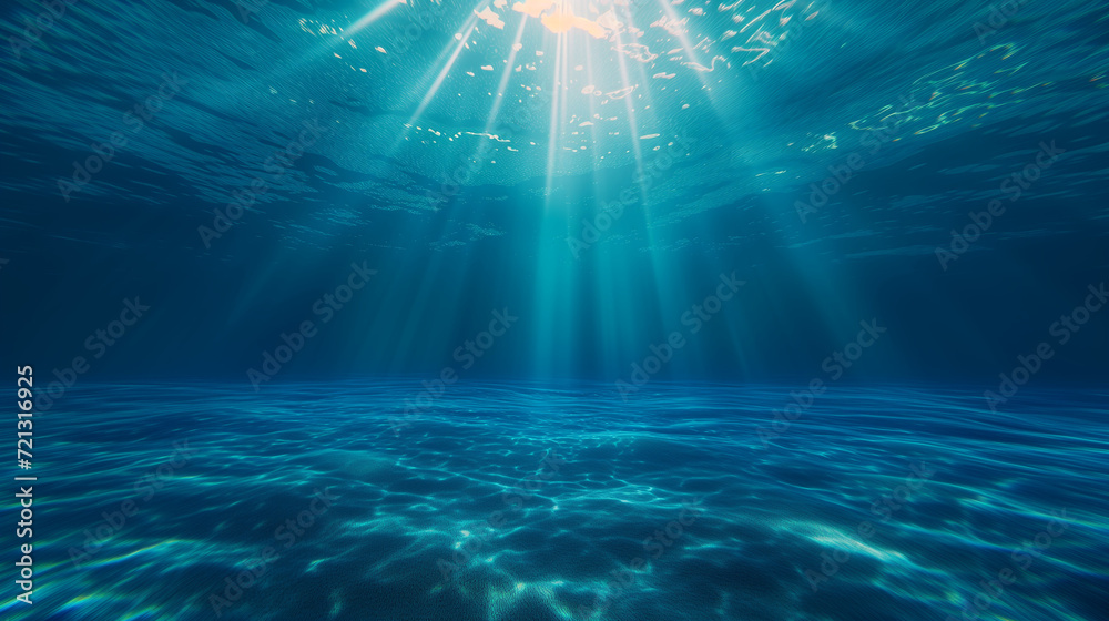Deep blue ocean seen from underwater. Submerged perspective of the sea ...