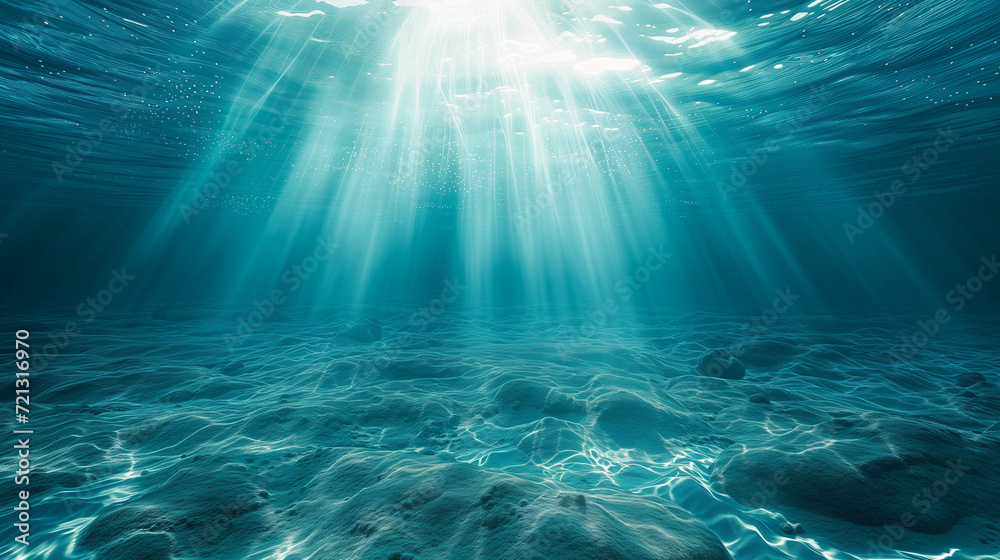 Deep blue ocean seen from underwater. Submerged perspective of the sea ...