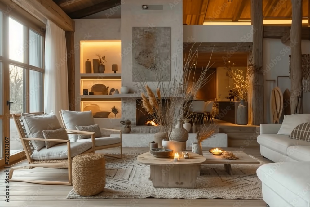 cozy warm home interior of a chic country house with an open plan, wood ...