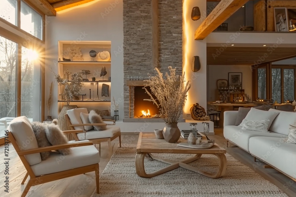 cozy warm home interior of a chic country house with an open plan, wood ...