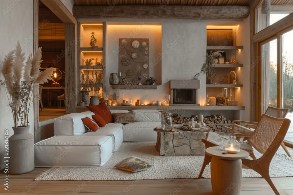 cozy warm home interior of a chic country house with an open plan, wood ...