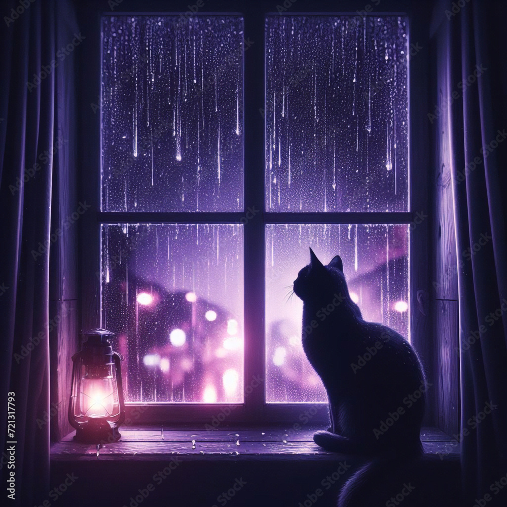 lofi art, It's a rainy night and a black cat is looking out the window ...