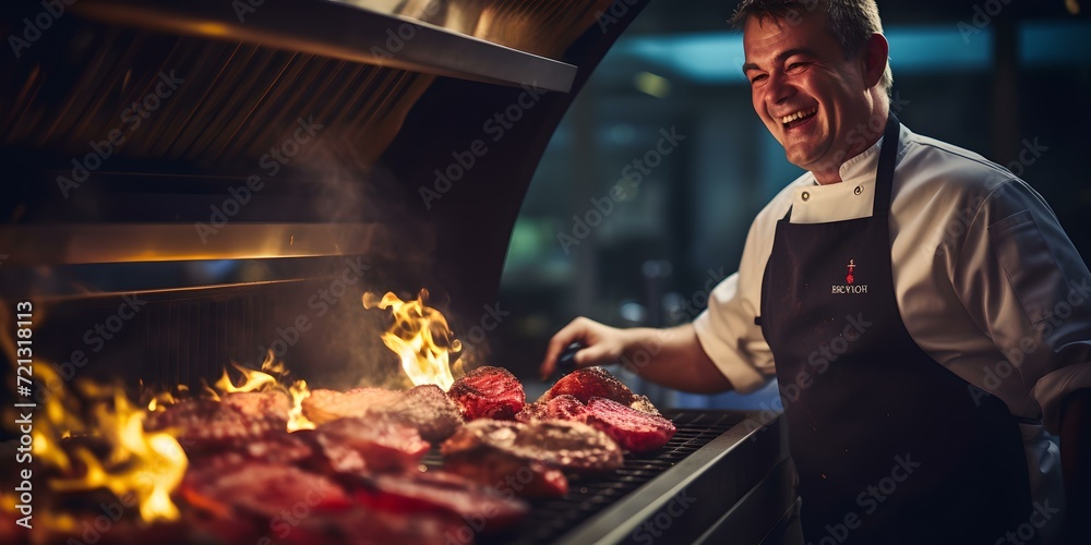 Professional chef joyfully grilling meat on a flaming grill in a modern ...