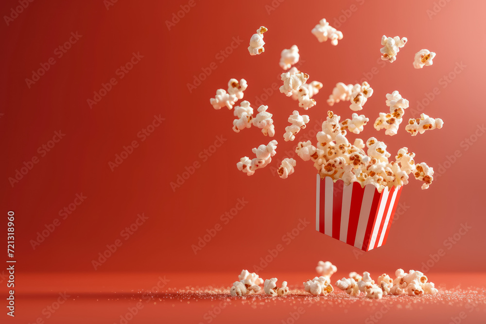 spilled popcorn from classic container on red backdrop Stock ...