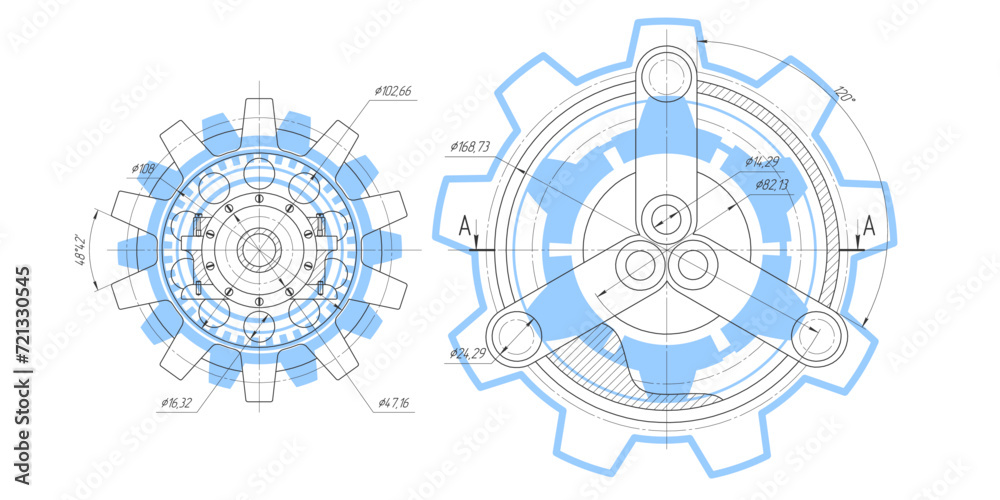 Technical drawing of gears .Rotating mechanism of round parts .Machine ...