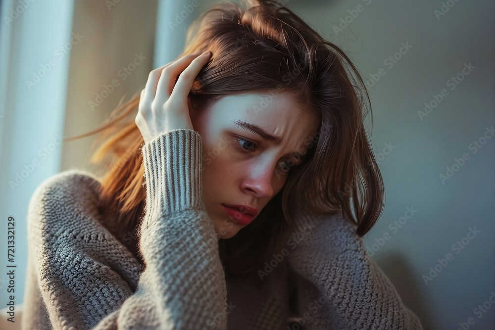 A depressed, unhappy, lonely woman with sad emotions and feelings ...