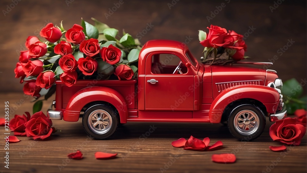 Red toy pickup truck delivering red roses flowers for Valentines Day ...