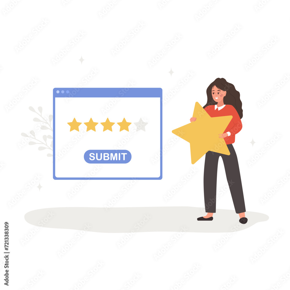 Customer review concept. Woman holding star and giving five stars ...