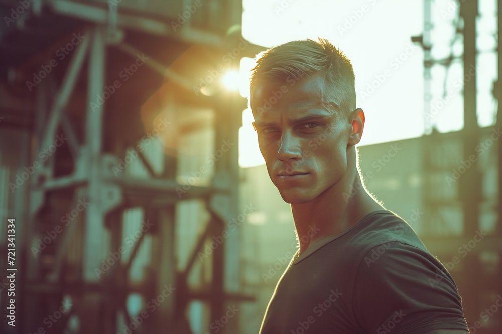 A tall, muscular German man with short blonde hair and a square jaw is ...