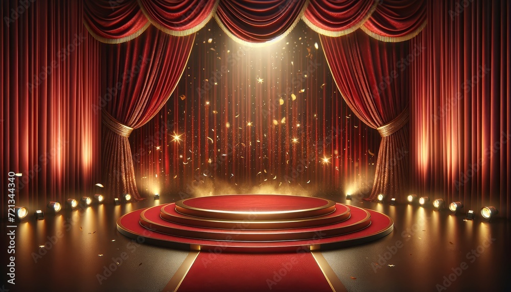 Glamorous Stage with Red Velvet Curtains and Sparkling Golden Lights ...