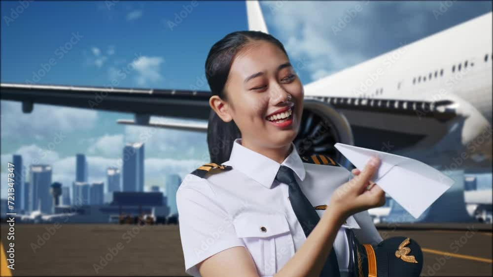 Close Up Of Asian Woman Pilot In Professional Uniform Launching Paper ...