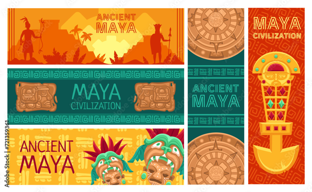 Maya civilization banners. Ancient Mayan calendar, pyramids and ...