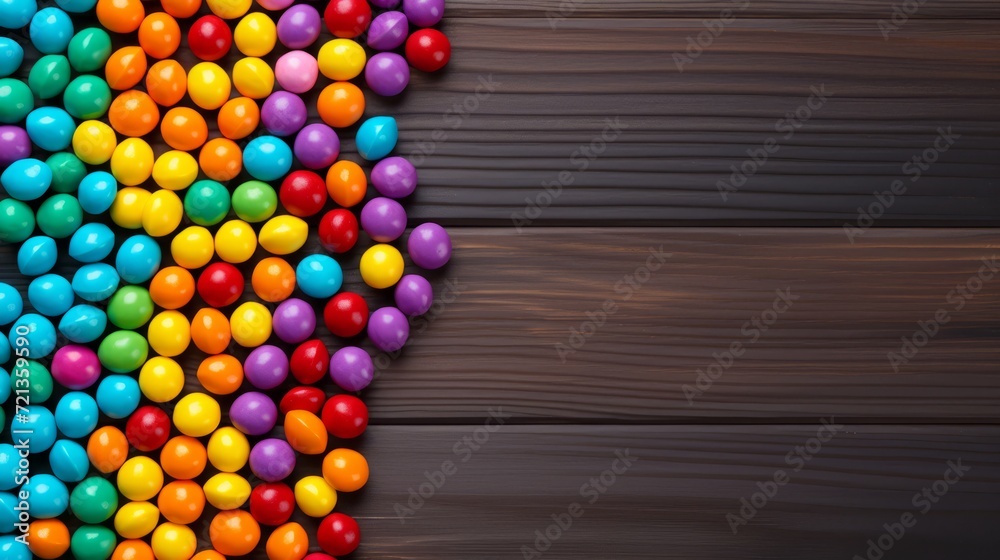 Candy like skittles on wood table background texture wallpaper top view ...