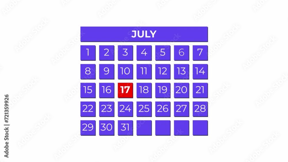 17th July calendar icon animation. Alpha matte with transparent ...