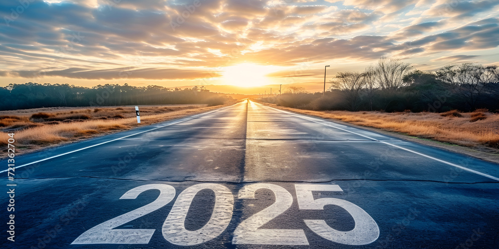 2025 written on highway road in the middle of empty asphalt road, Black asphalt road with new ...