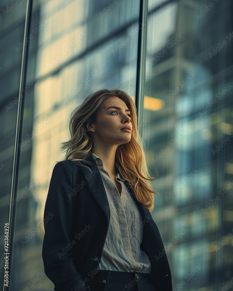 Confident Businesswoman Posing Triumphantly In Corporate High-Rise ...