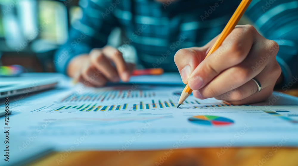 A detailed snapshot of a man's hand, focusing on graphs and diagrams to ...