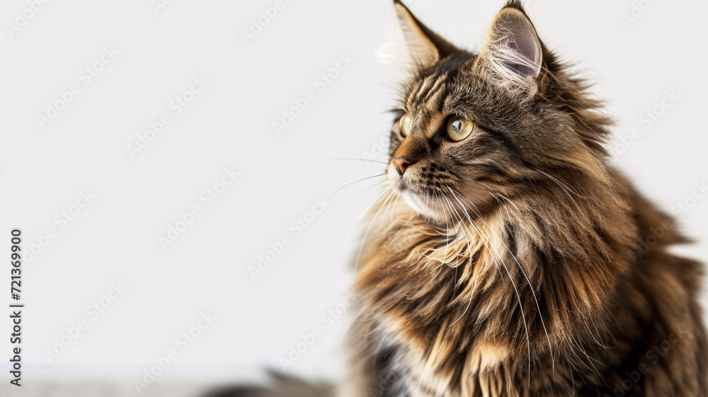 Long-haired feline seated, gazing to the side. Full-body image on a ...