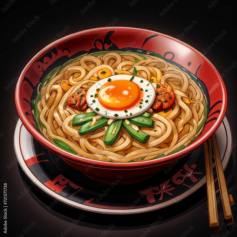 Anime dish. Plate of Ramen, noodles. Noodles with egg. Illustration in ...