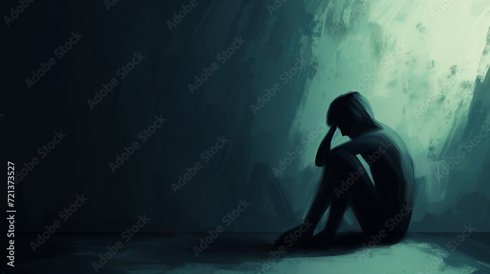Artistic illustration depicting a person sitting alone in a dark room ...