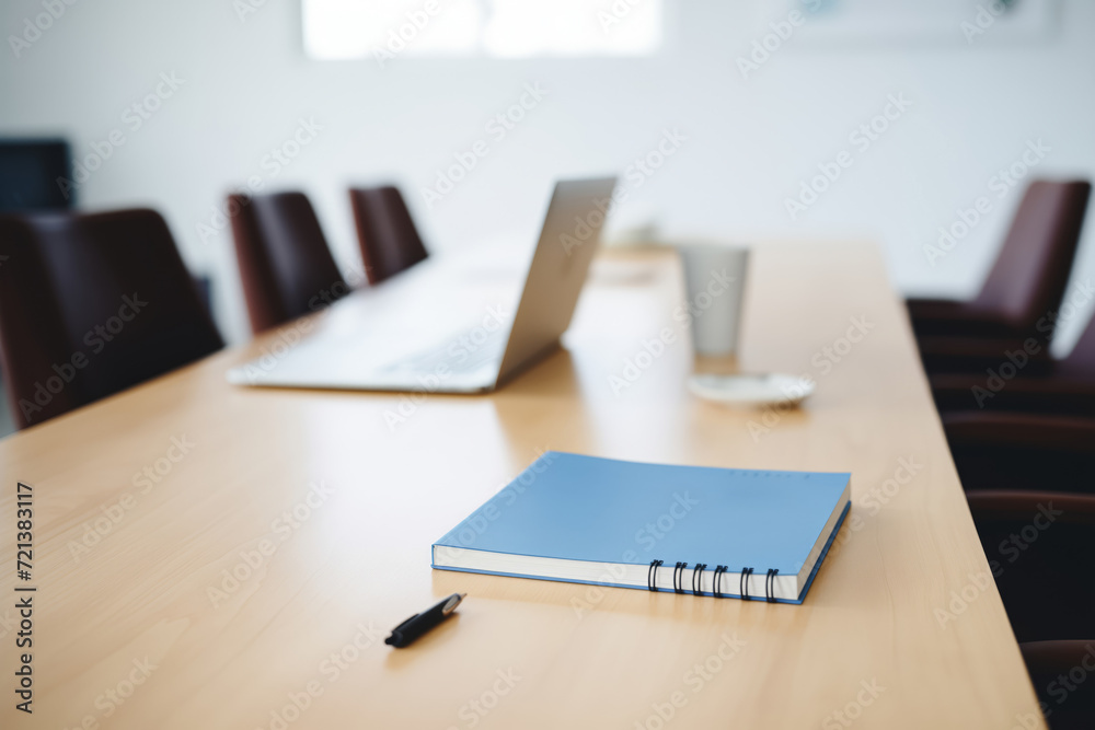 Open notebook with pen on polished boardroom table, empty office chairs ...